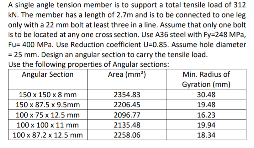 Solved Design an angular section to carry the tensile. Use | Chegg.com