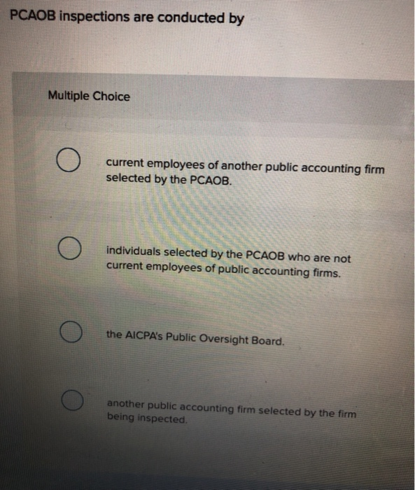 Solved PCAOB inspections are conducted by Multiple Choice O | Chegg.com