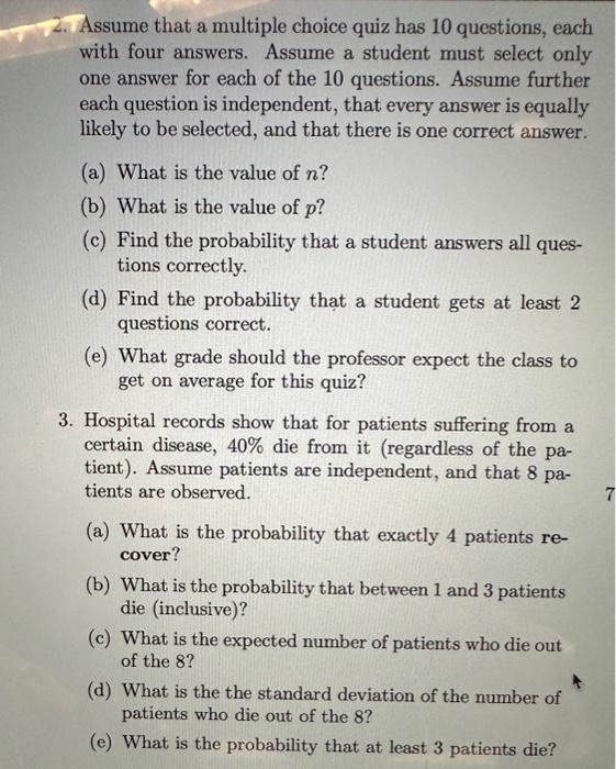 Solved 2. Assume that a multiple choice quiz has 10 | Chegg.com