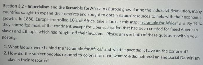 Solved Section 3.2 - Imperialism and the Scramble for Africa | Chegg.com