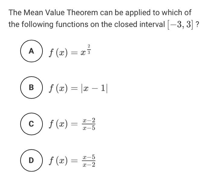Solved The Mean Value Theorem can be applied to which of the | Chegg.com