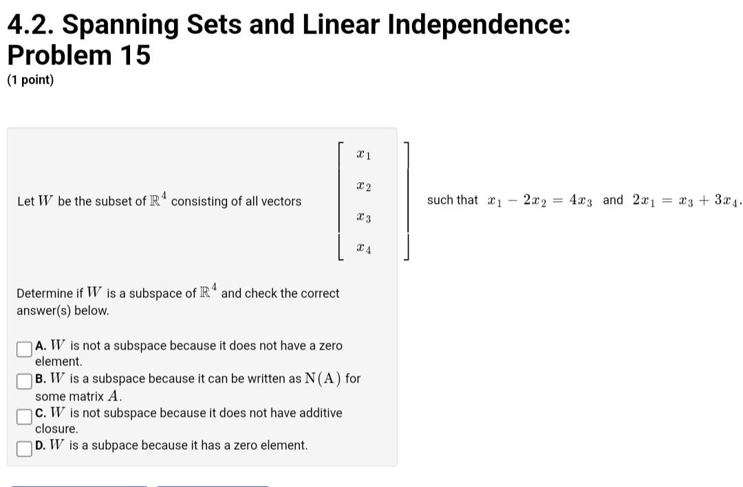 Solved 4.2. Spanning Sets and Linear Independence: Problem | Chegg.com