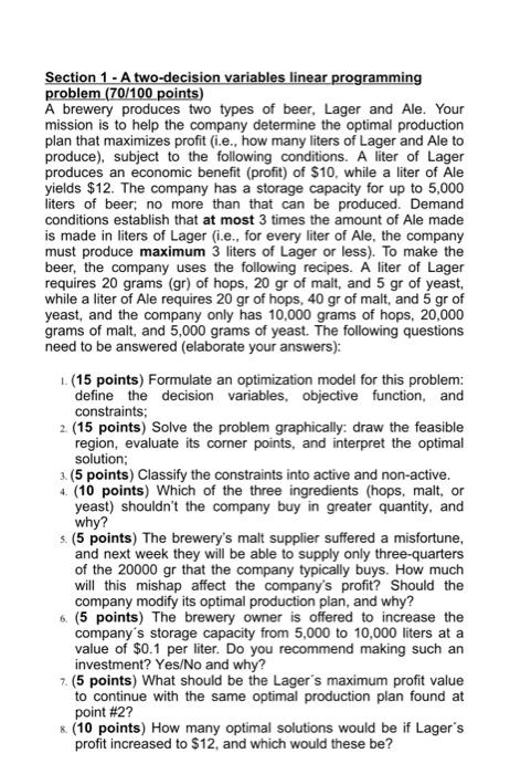 Solved Section 1 - A two-decision variables linear | Chegg.com