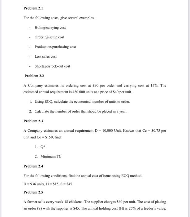 Solved For the following costs, give several examples. | Chegg.com