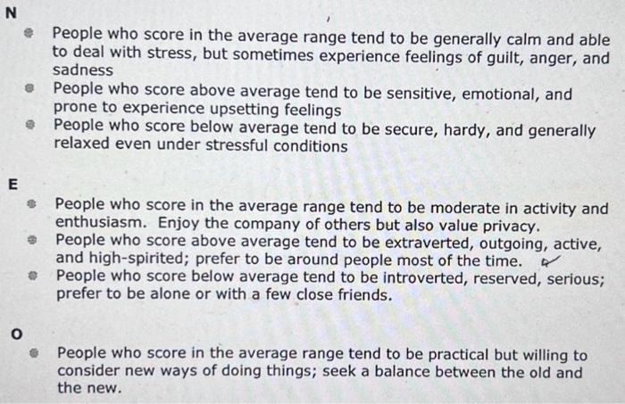 Solved Neuroticism (N): 20 ﻿AverageExtraversion (E): 25 | Chegg.com