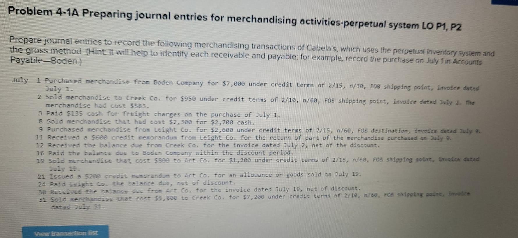 Solved Problem 4-1A Preparing journal entries for | Chegg.com