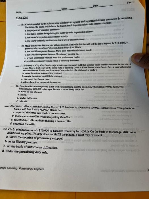 Solved Ver: 1 Date: Naces:___ Class - 19. A sabue enacted by | Chegg.com