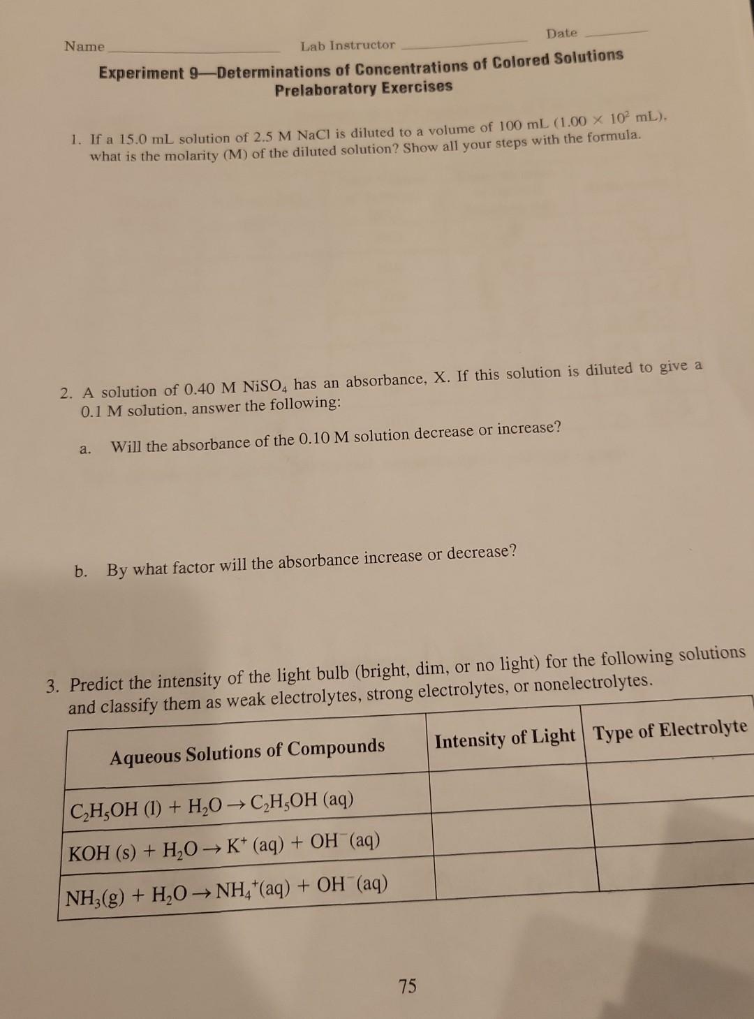 Solved Name Lab Instructor Experiment 9-Determinations of | Chegg.com