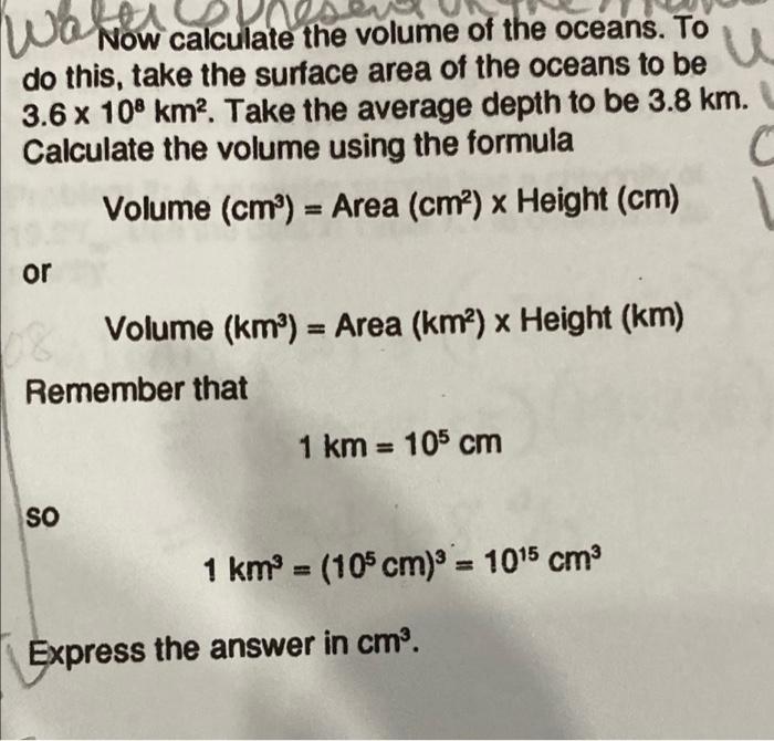 Solved Wo Now calculate the volume of the oceans. To и do | Chegg.com