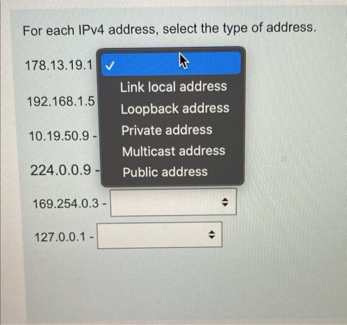 Solved For each IPv4 address, select the type of address. | Chegg.com
