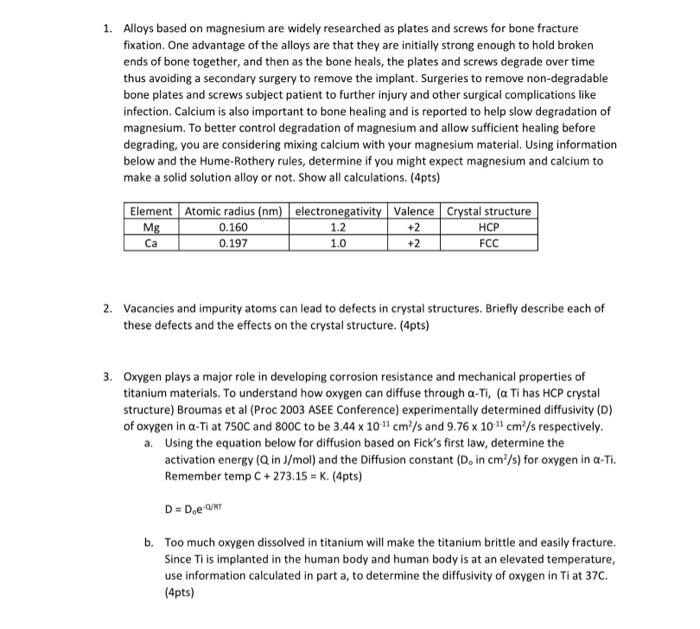 Solved 1. Alloys based on magnesium are widely researched as | Chegg.com