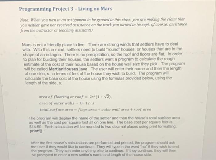 Solved Programming Project 3 - Living on Mars Note: When you | Chegg.com
