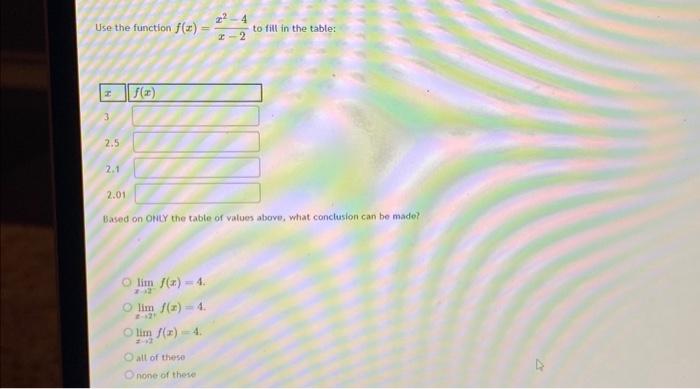 Solved Use the function f(x)=x−2x2−4 to fill in the table: 3 | Chegg.com