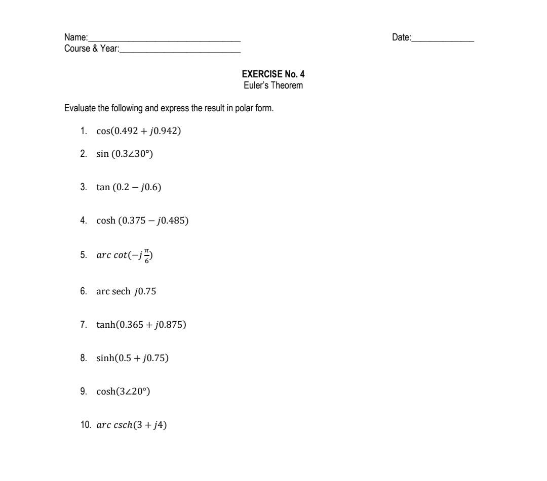 Solved Date: Name: Course & Year: EXERCISE No. 4 Euler's | Chegg.com