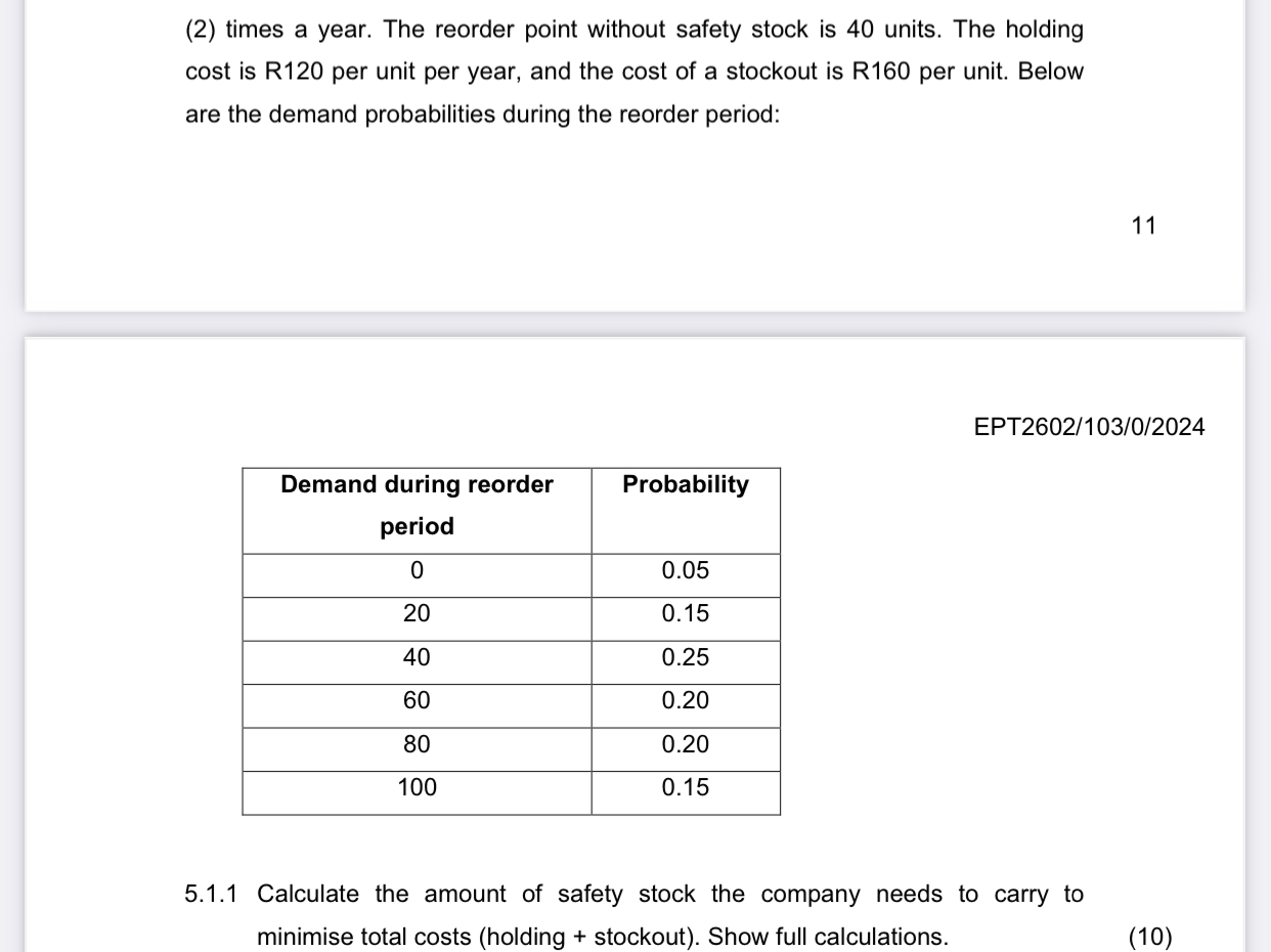 Solved (2) ﻿times a year. The reorder point without safety | Chegg.com