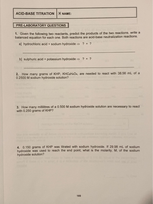 Solved ACID-BASE TITRATION * NAME: PRE-LABORATORY QUESTIONS | Chegg.com
