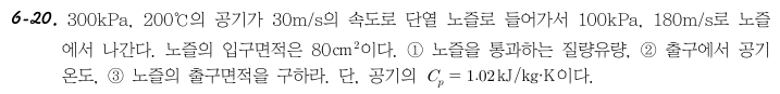 Solved 6-20. 300kPa,200°C 의 공기가 30ms 의 속도로 단열 노즐로 들어가서 100kP | Chegg.com