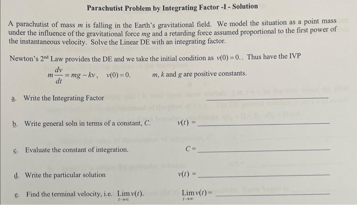 Solved Parachutist Problem by Integrating Factor - - | Chegg.com