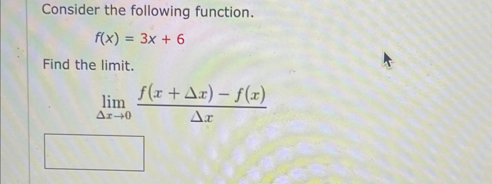 Solved Consider the following function.f(x)=3x+6Find the | Chegg.com Solved Consider the following function.f(x)=3x+6Find the | Chegg.com