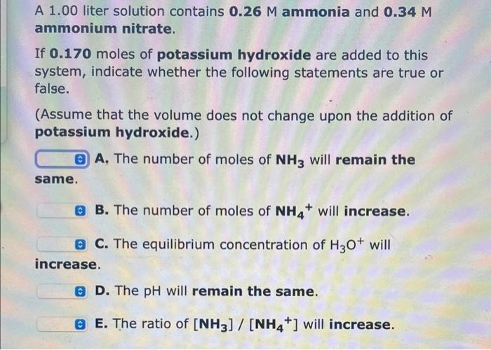 Solved A 1.00 liter solution contains 0.26M ammonia and | Chegg.com