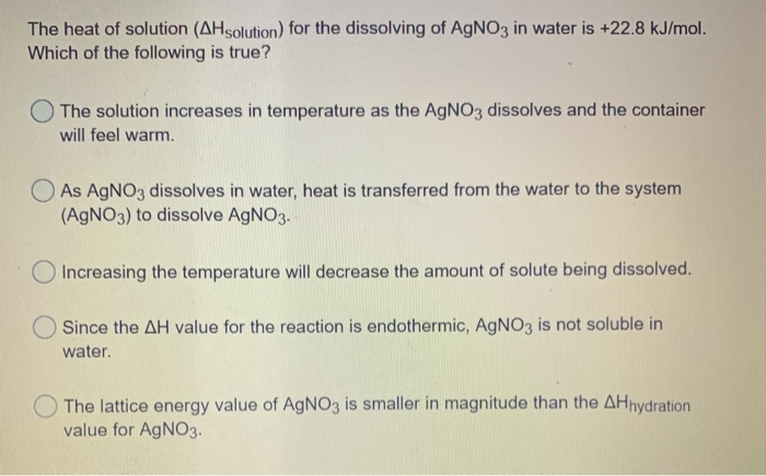 Solved The heat of solution (delta Hsolution) for the | Chegg.com