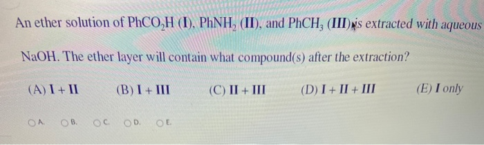Solved An ether solution of PhCOH (1), PhNH, (II), and PhCH, | Chegg.com
