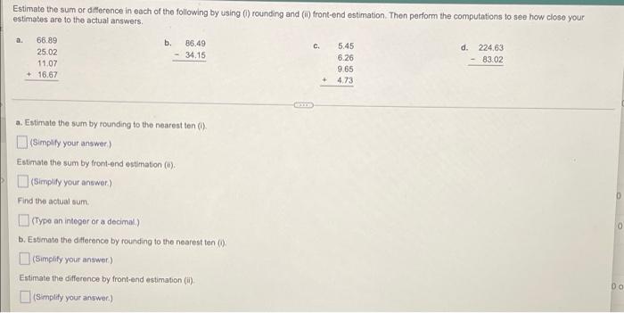 Solved Estimate the sum or difference in each of the | Chegg.com