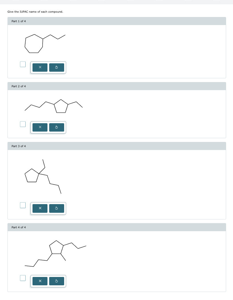 Solved Give the IUPAC name of each compound.Part 1 ﻿of 4Part | Chegg.com
