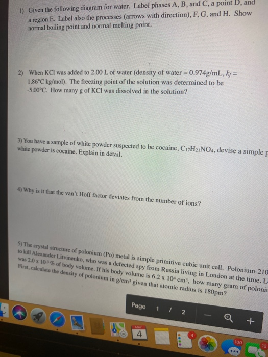 Solved 1) Given the following diagram for water. Label | Chegg.com