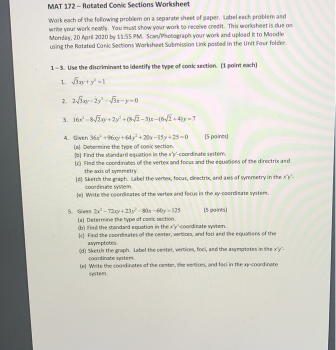 Solved MAT 172 - Rotated Conic Sections Worksheet Work each | Chegg.com