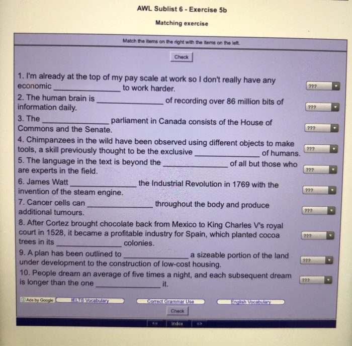 Solved AWL Sublist 6 - Exercise 5b Matching exercise Match | Chegg.com