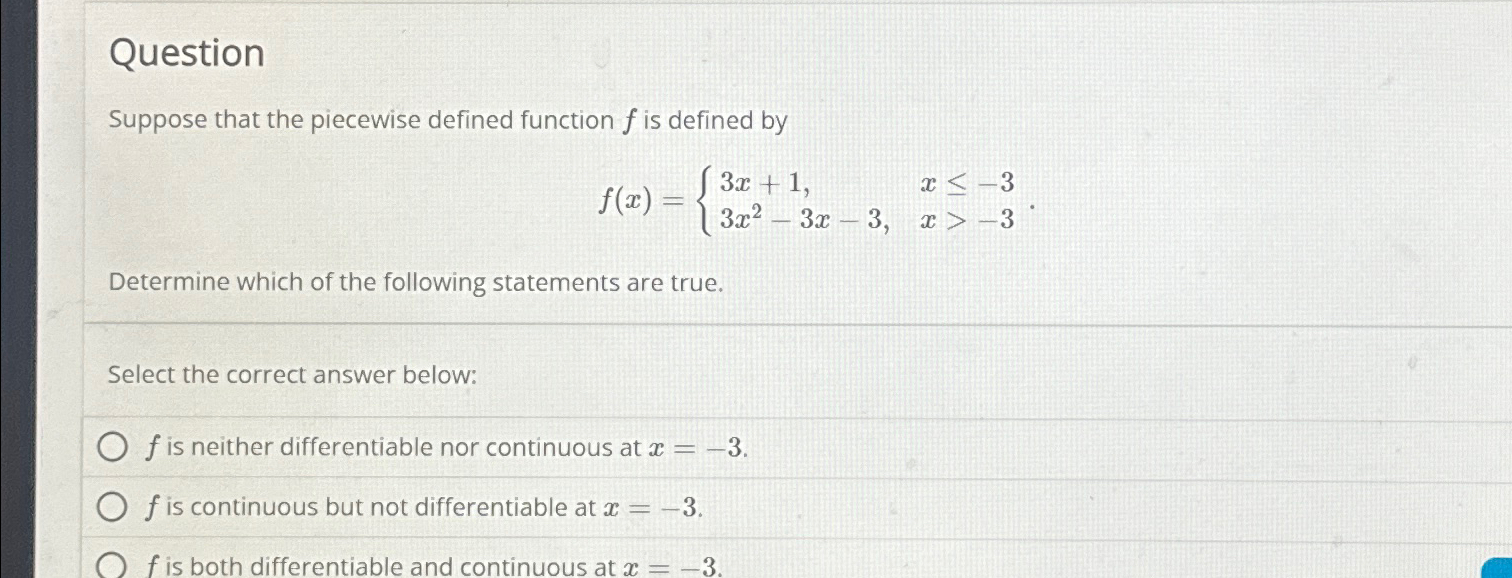 Solved QuestionSuppose that the piecewise defined function f | Chegg.com
