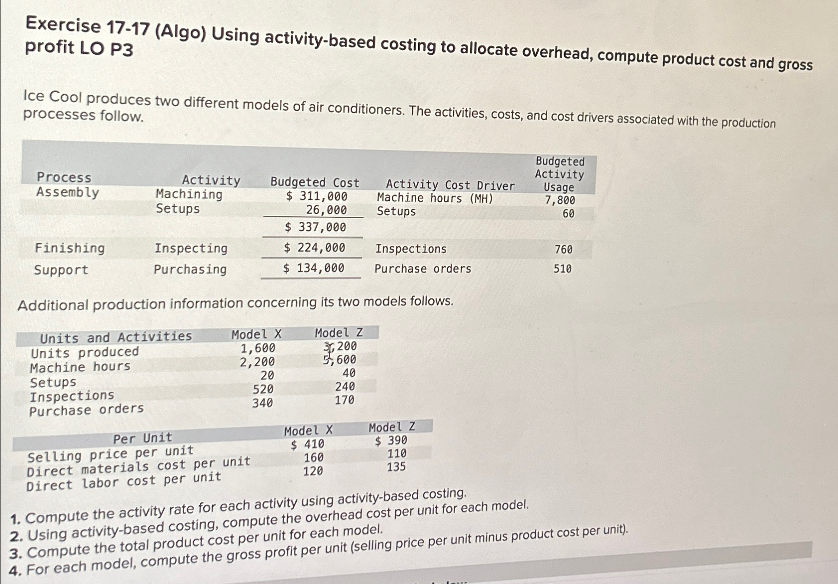 Solved Exercise 17-17 (Algo) Using activity-based costing | Chegg.com Solved Exercise 17-17 (Algo) Using activity-based costing | Chegg.com