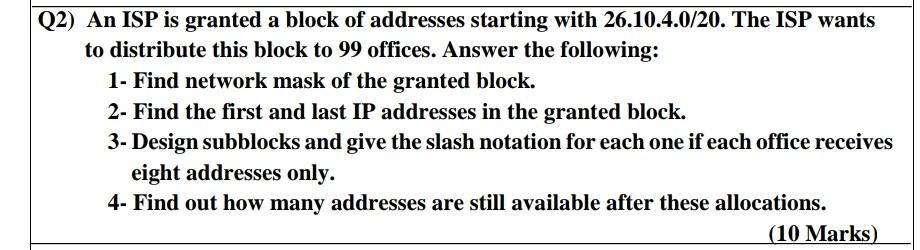 Solved Q2) An ISP is granted a block of addresses starting | Chegg.com