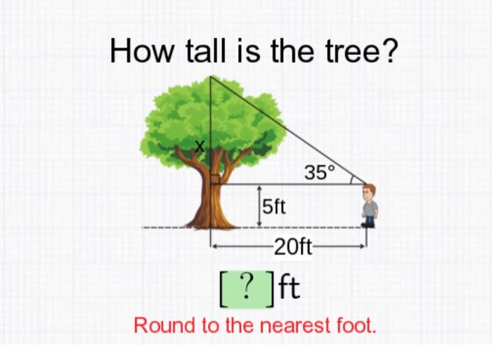 Solved How tall is the tree? 35° 5ft -20ft- [ ? ]ft Round to | Chegg.com