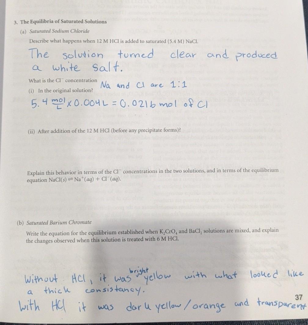 Solved 3. The Equilibria of Saturated Solutions (a) | Chegg.com