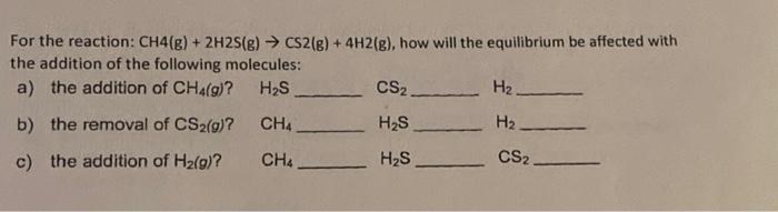 Solved For the reaction: CH4(g) + 2H2S(g) → CS2(g) + 4H2(g), | Chegg.com