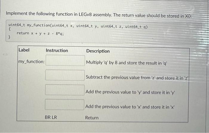 Solved mplement the following function in LEGv8 assembly. | Chegg.com
