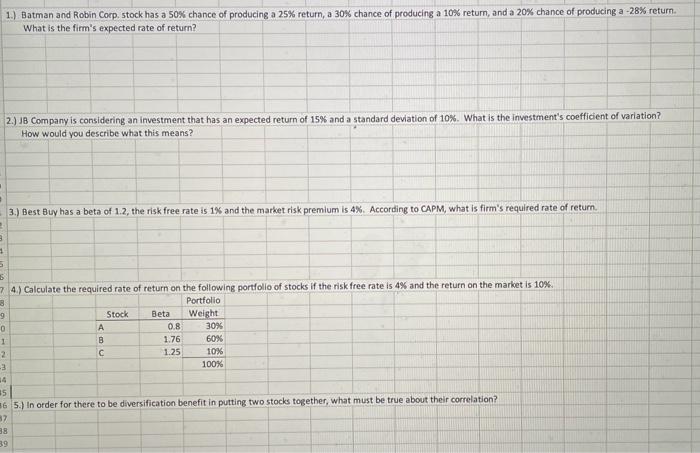 Solved 1.) Batman and Robin Cocp. stock has a 50% chance of | Chegg.com