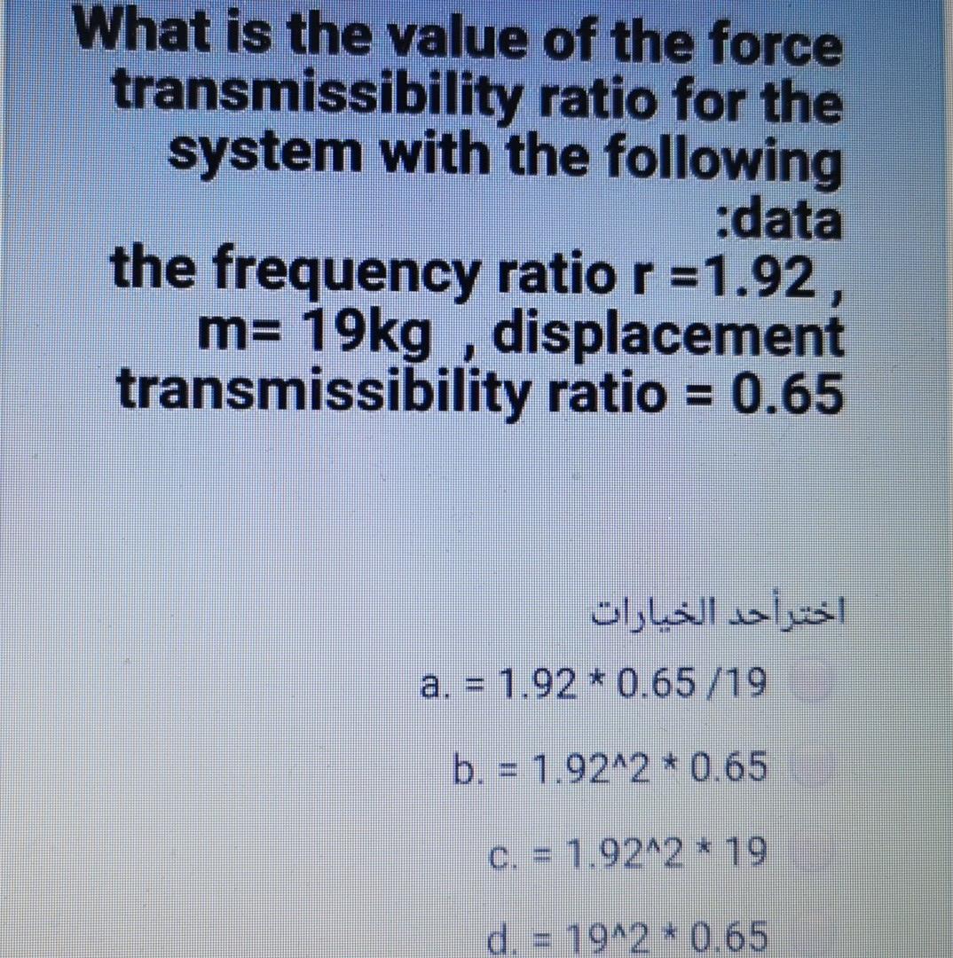 Solved What is the value of the force transmissibility ratio | Chegg.com