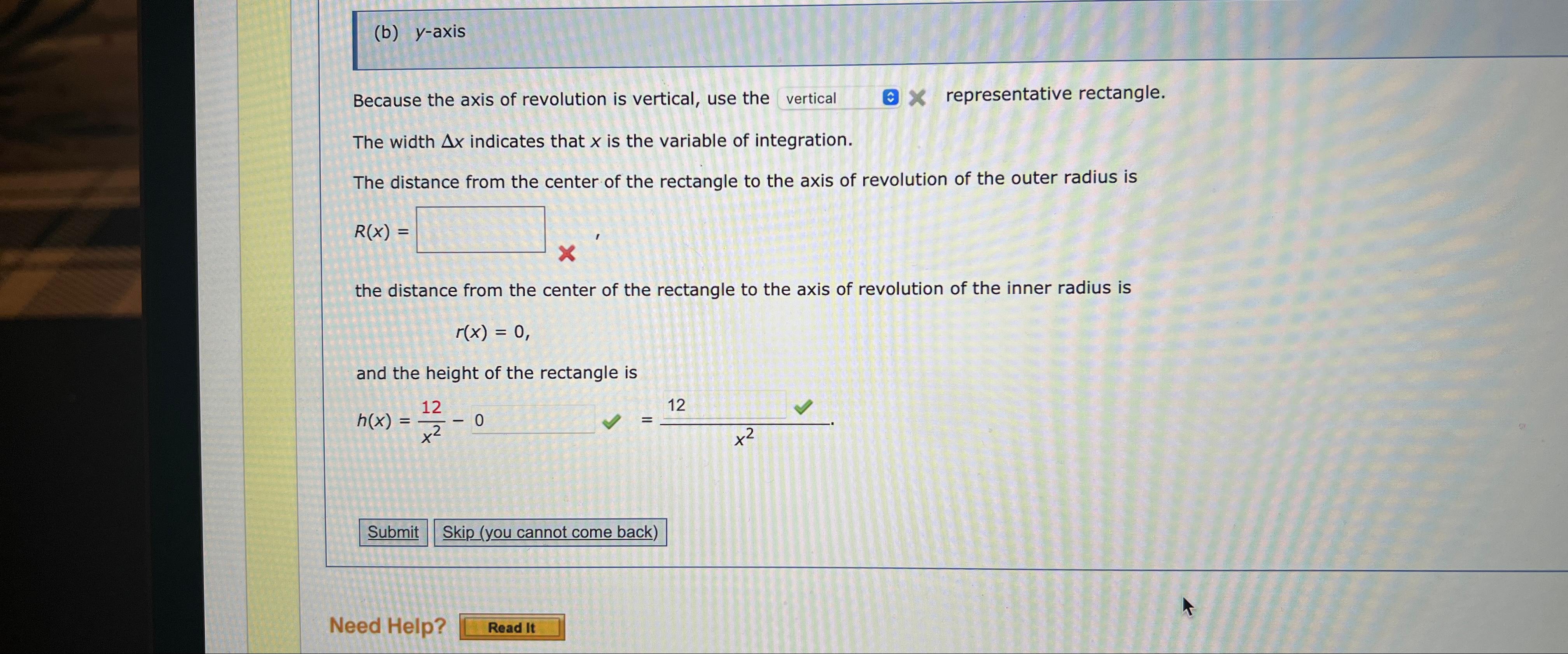 Solved (b) y-axisBecause the axis of revolution is vertical, | Chegg.com