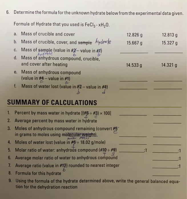 Solved 6. Determine the formula for the unknown hydrate | Chegg.com