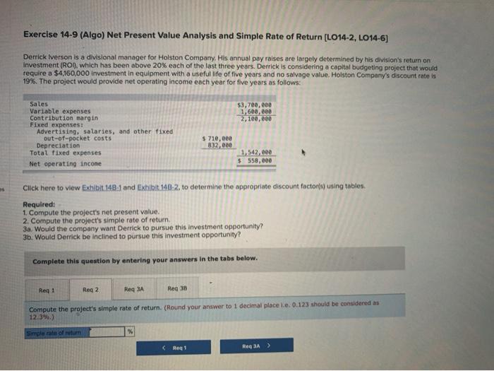 Solved Exercise 14-9 (Algo) Net Present Value Analysis and | Chegg.com