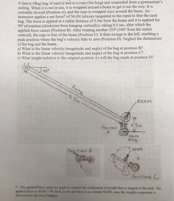 Solved A heavy (9kg) bag of sand is tied to a rope (5m long) | Chegg.com