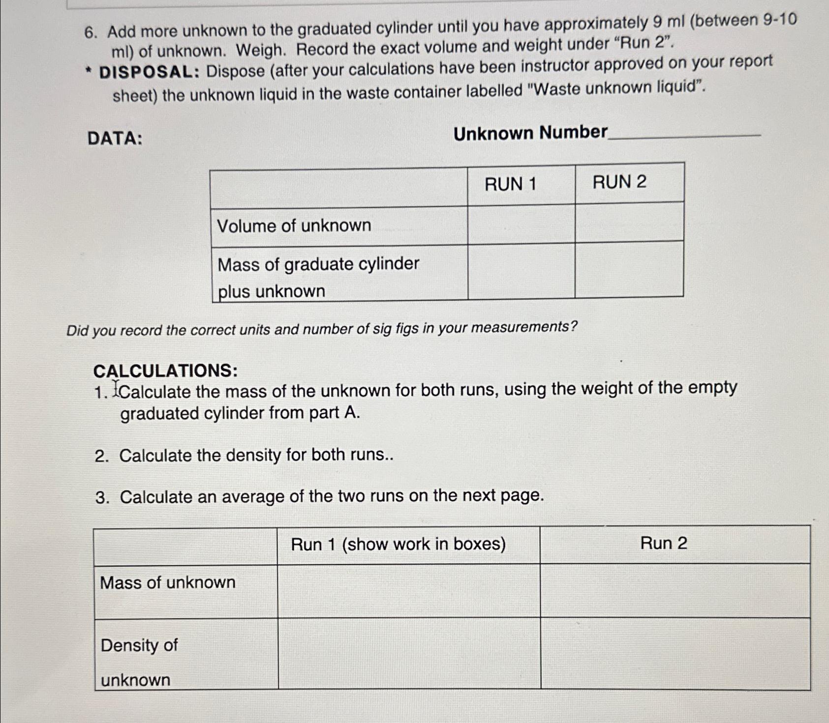 Solved Add more unknown to the graduated cylinder until you | Chegg.com