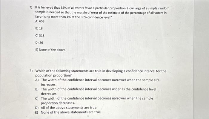 Solved 2) It is believed that 55% of all voters favor a | Chegg.com