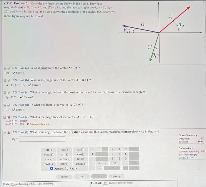 Solved (11\%) Problem 2: Consider the three vectors shown in | Chegg.com