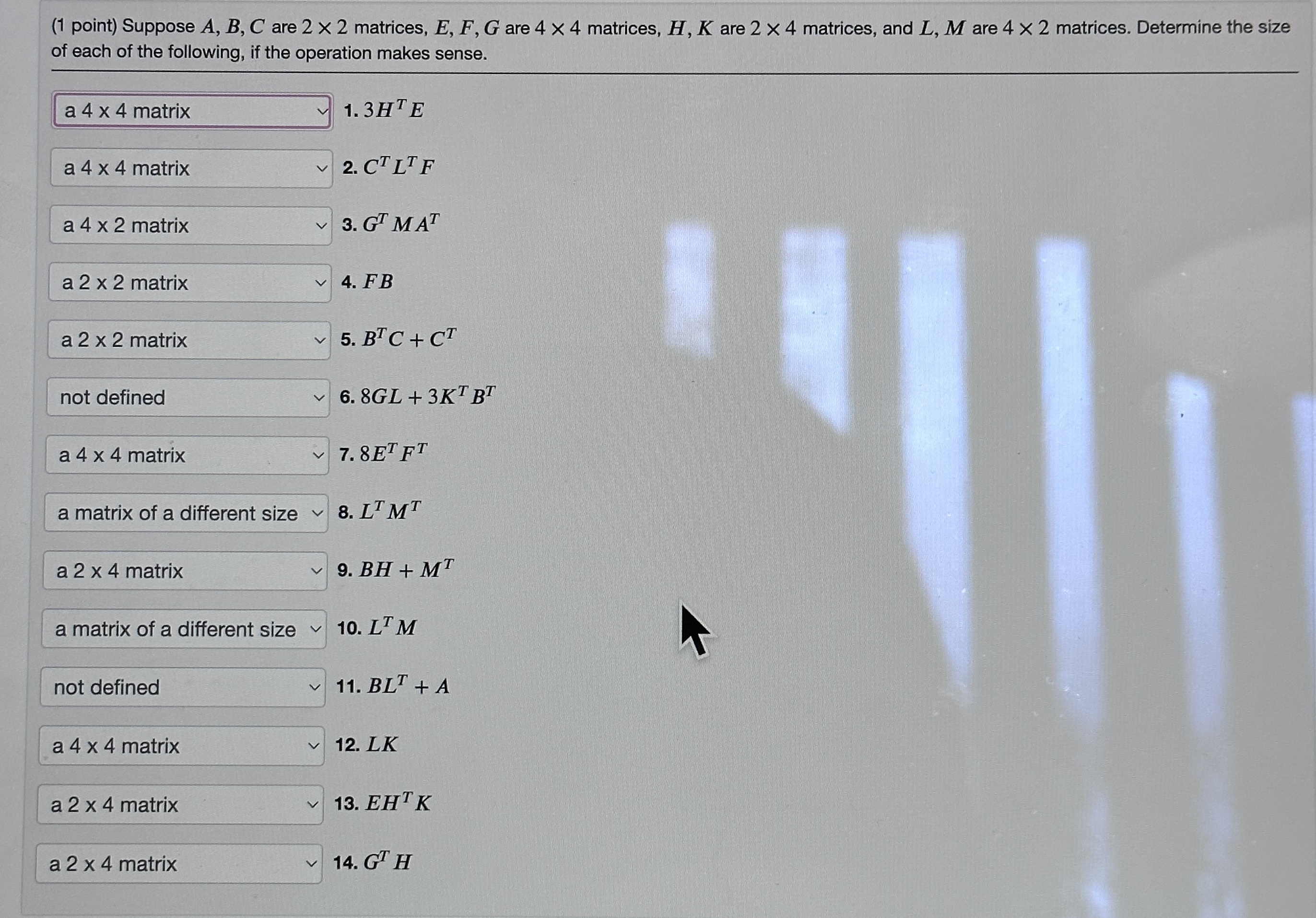 Solved (1 ﻿point) ﻿Suppose A,B,C ﻿are 2×2 ﻿matrices, E,F,G | Chegg.com