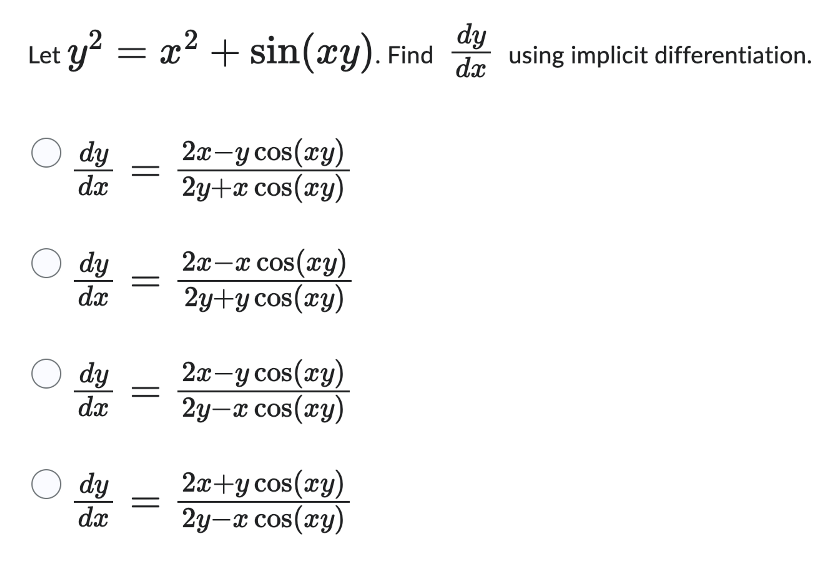 Solved Let y2=x2+sin(xy). ﻿Find dydx ﻿using implicit | Chegg.com