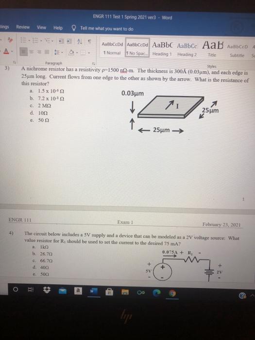 Solved ENGR 111 Test 1 Spring 2021 ver3 - Word Tell me what | Chegg.com